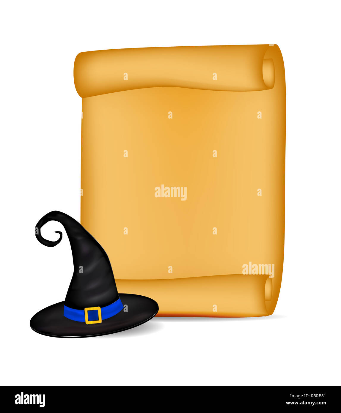 Halloween banner, card with empty paper scroll and witches hat. Blank ...