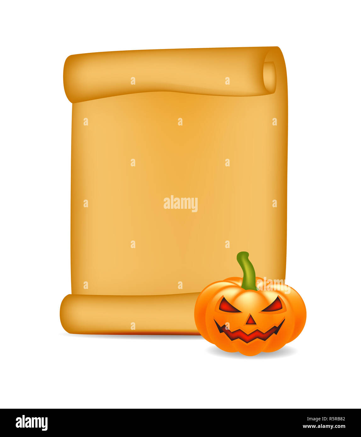 Halloween banner, card with empty paper scroll and pumpkin. Blank ...