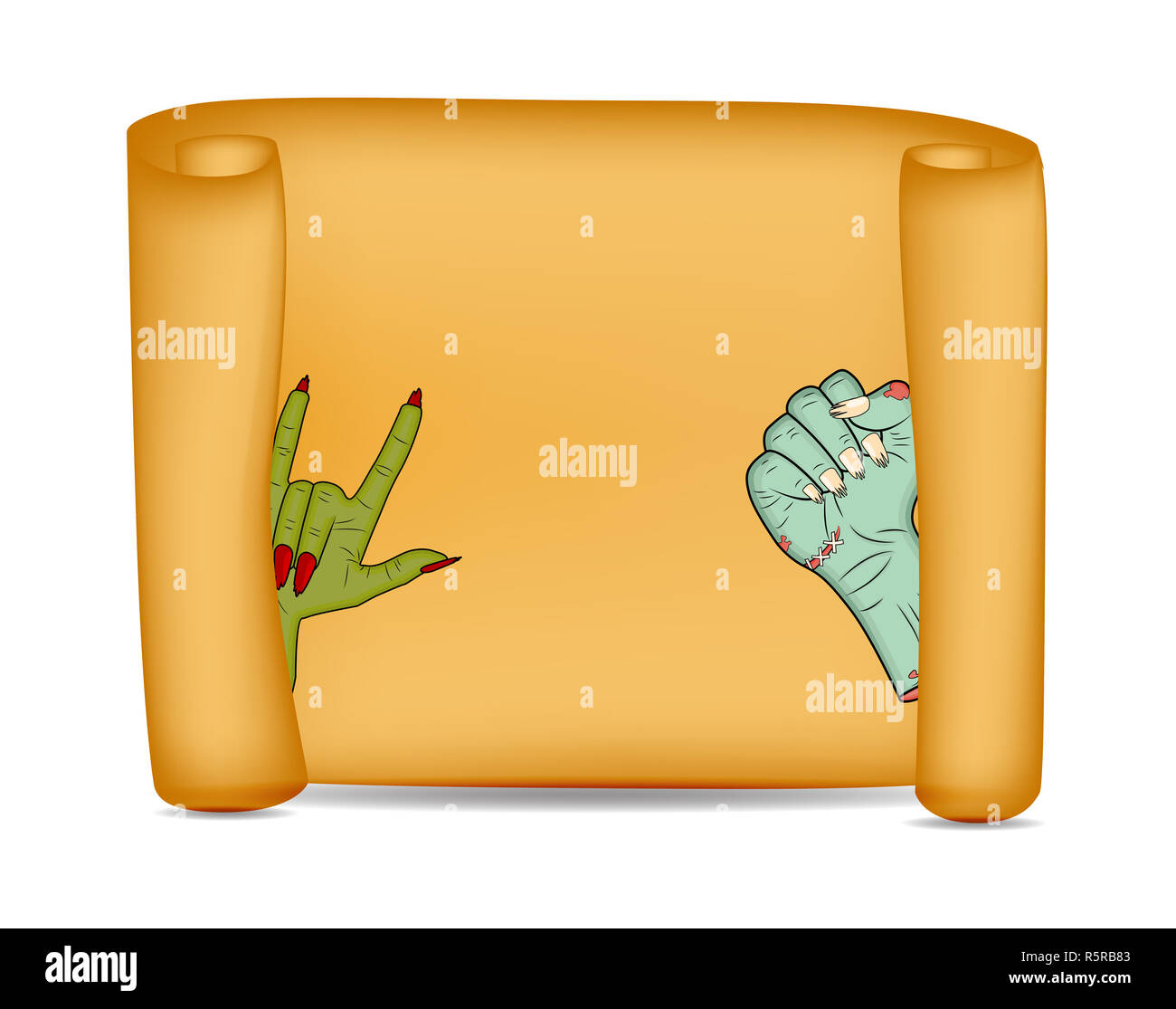 Halloween banner, card with empty paper scroll and zombie, monster hand ...