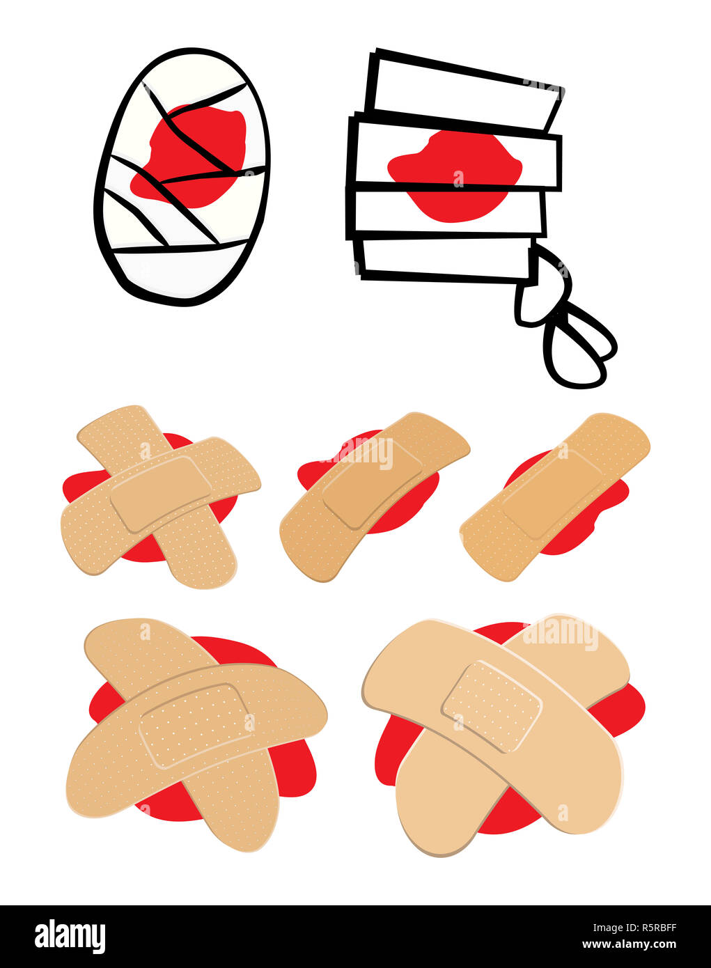 Set of Adhesive plaster and bandage with red blood puddle. Medical ...