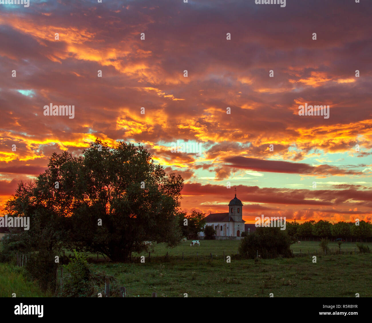 amazing sky during sunset in a french village, Franche-ComtÃ©, France ...
