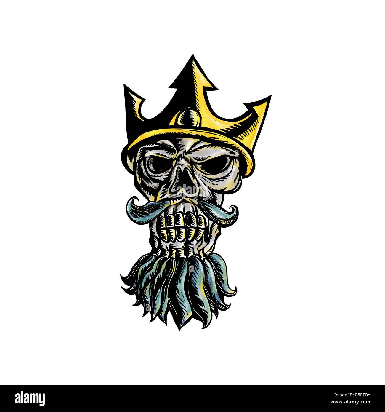 Skull of Neptune Trident Crown Head Woodcut Stock Photo - Alamy