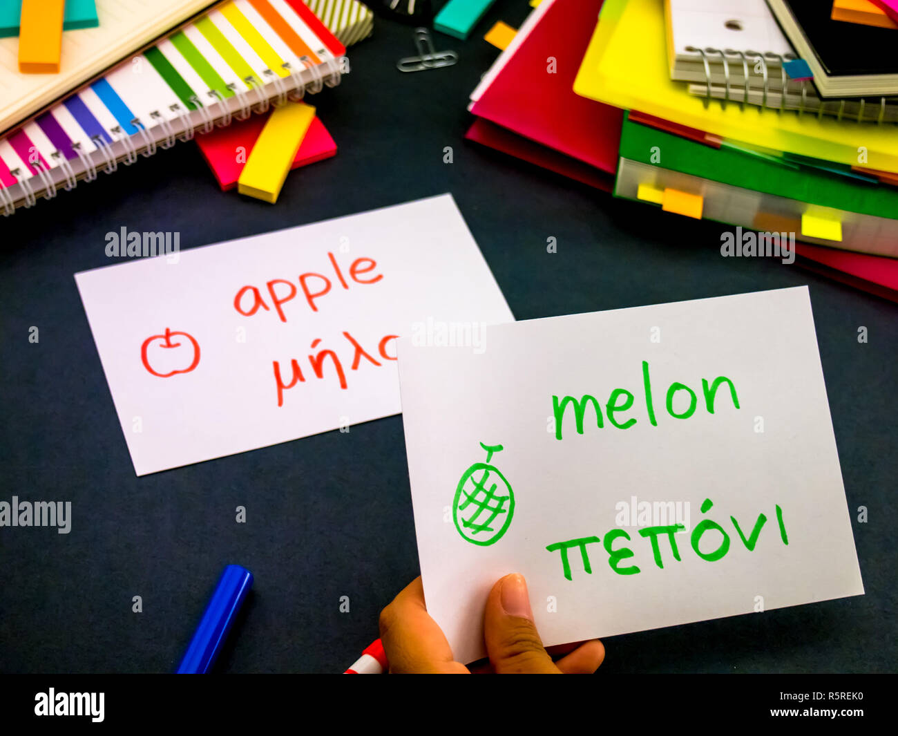 Learning New Language Making Original Flash Cards Greek Stock Photo - Alamy