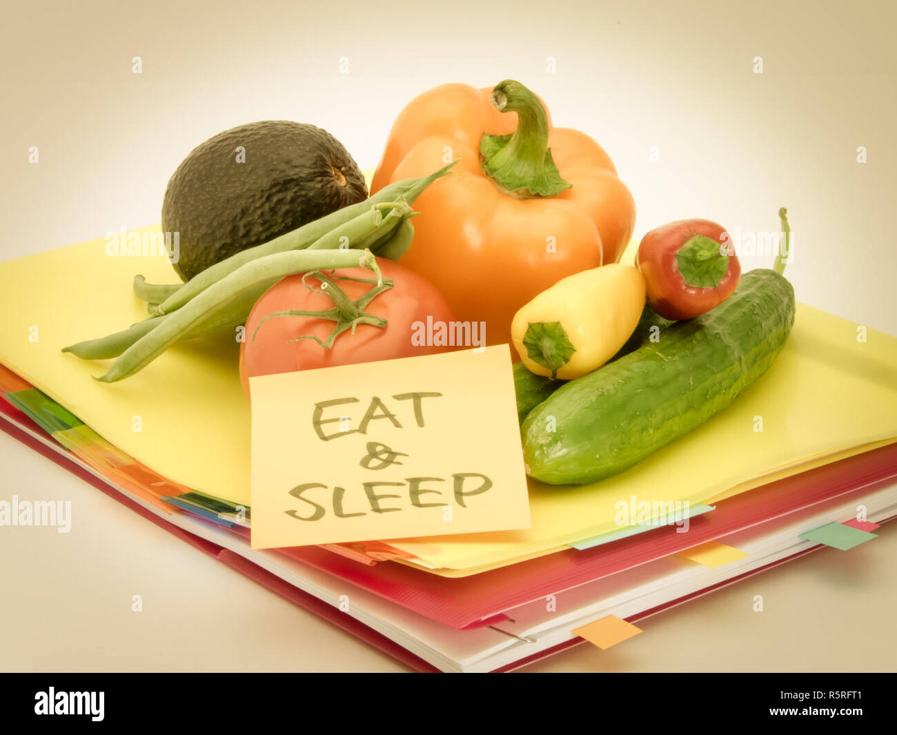 Office Documents and Vegetables Eat and Sleep Stock Photo - Alamy