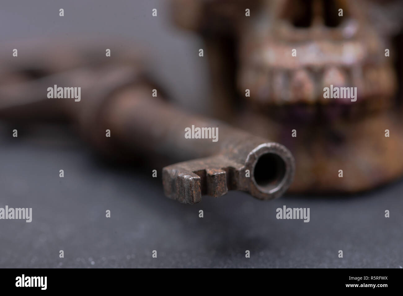 Old antique vintage metallic key and stone carved skull on natural ...