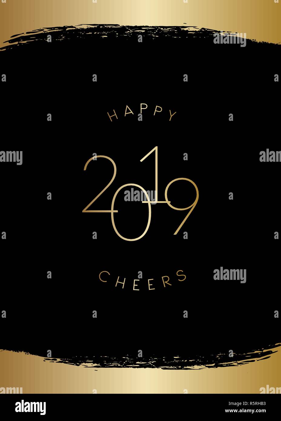 2019 New Year greeting card template with shiny gold brush strokes ...