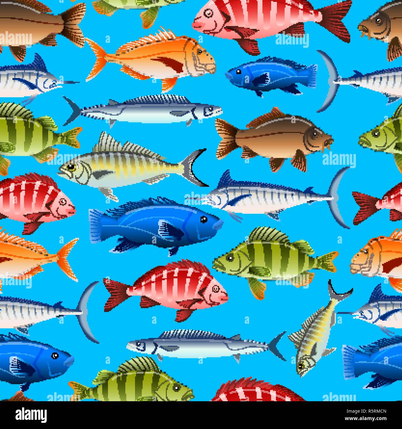 Crowded fish aquarium seamless pattern on colored background Stock ...