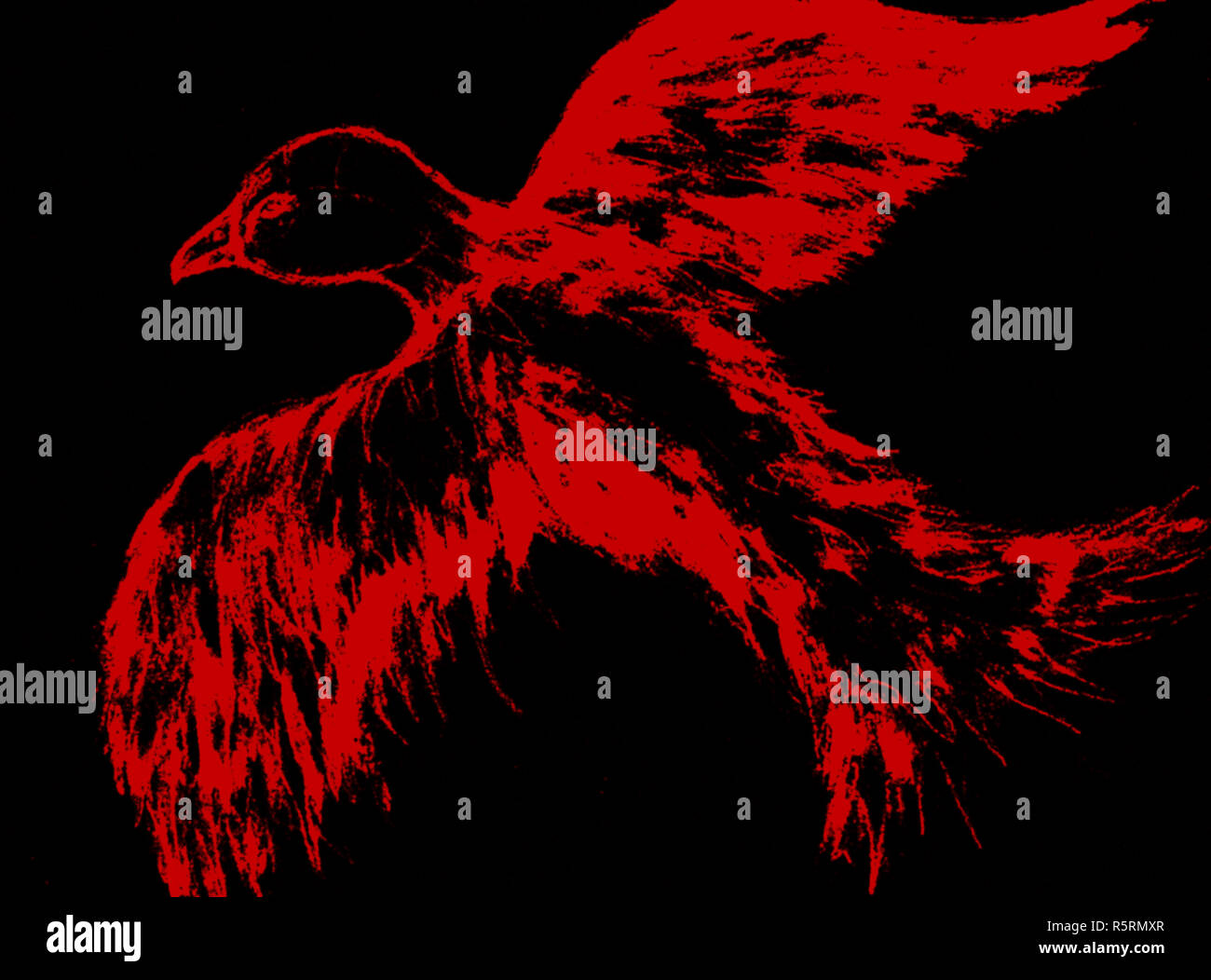 Red falcon with black background. The dabbing technique near the edges ...