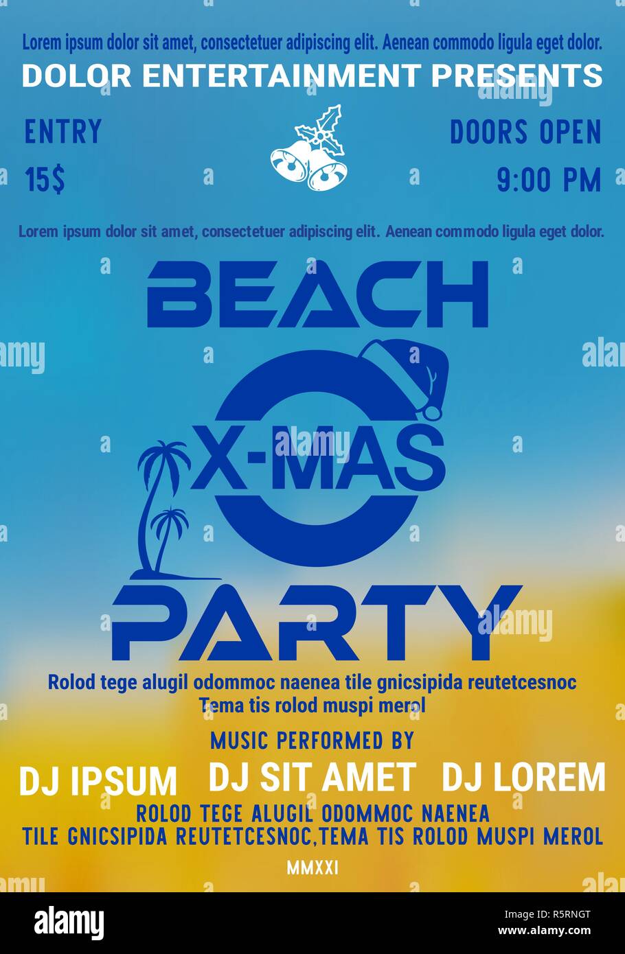 Christmas Party At The Beach Poster Or Flyer Template With Palm And