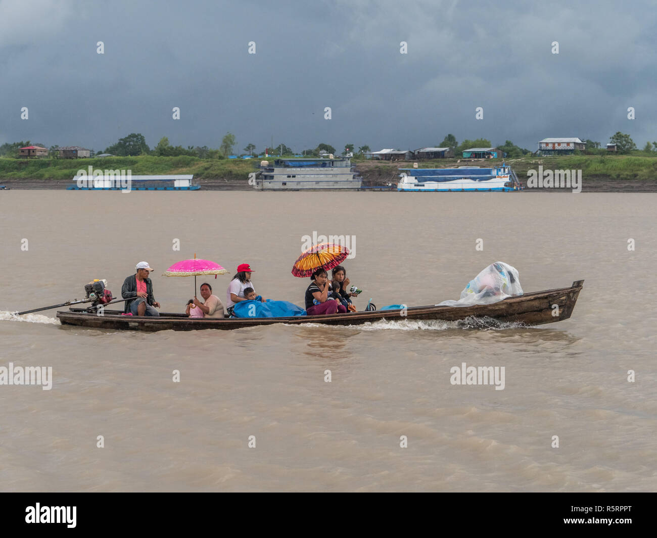 Amazon River, Brazil: - Sep 21 2018: Small boat with locals on the ...