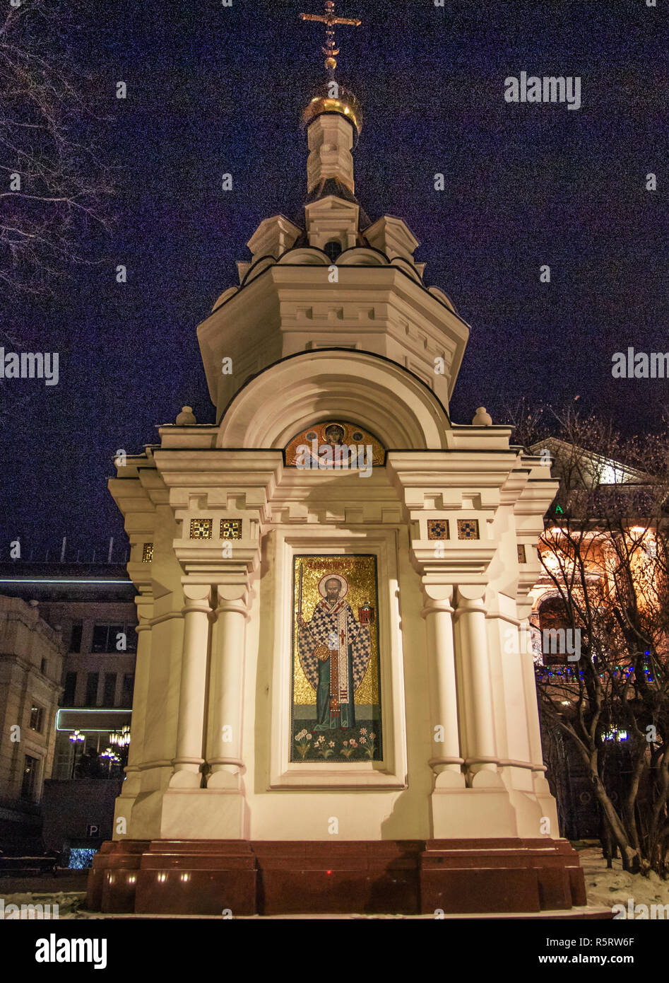 Moscow, Russian Federation. Small Orthodox church with golden mosaics ...