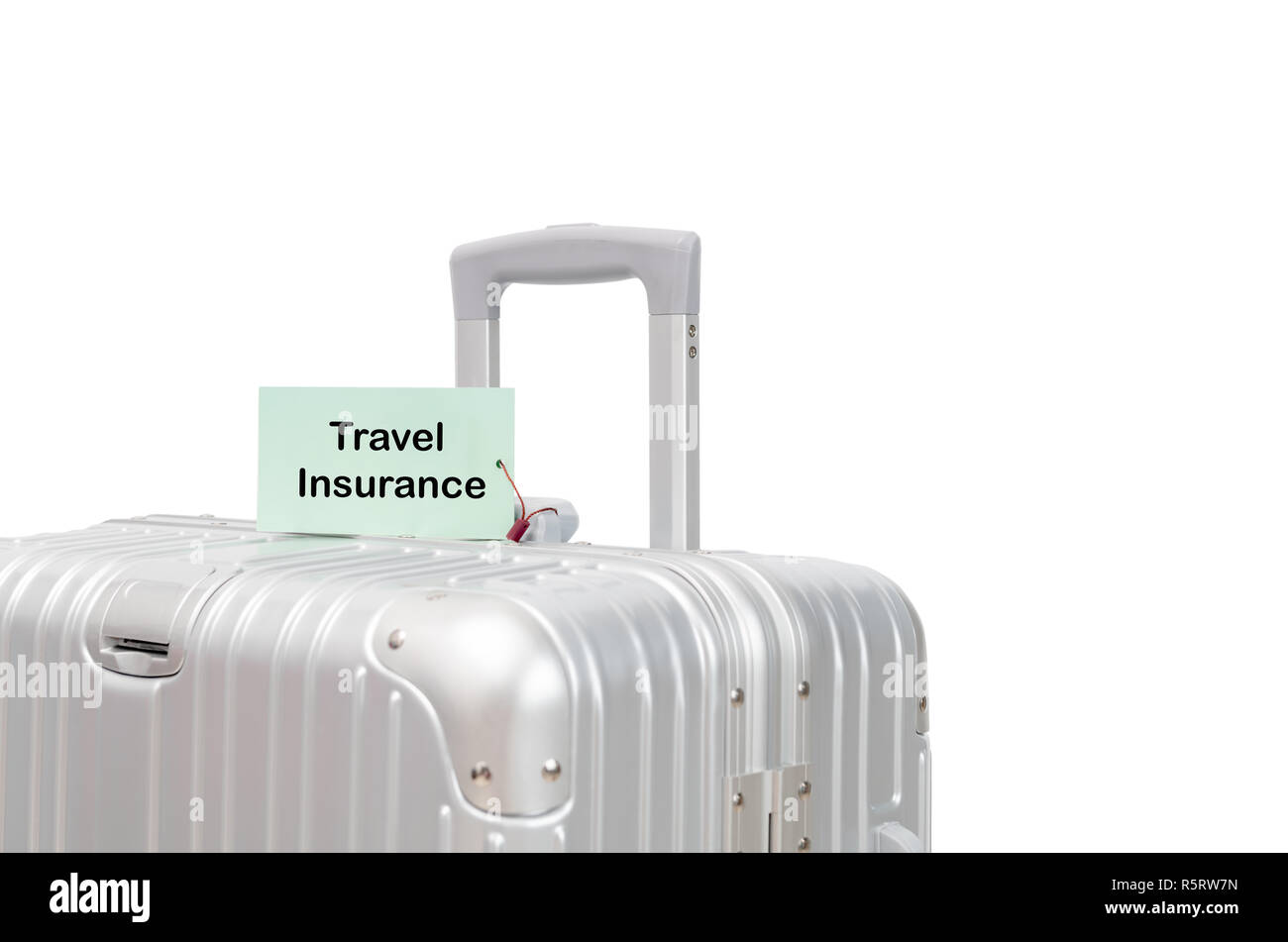 Suitcase with TRAVEL INSURANCE label isolated on white background ...