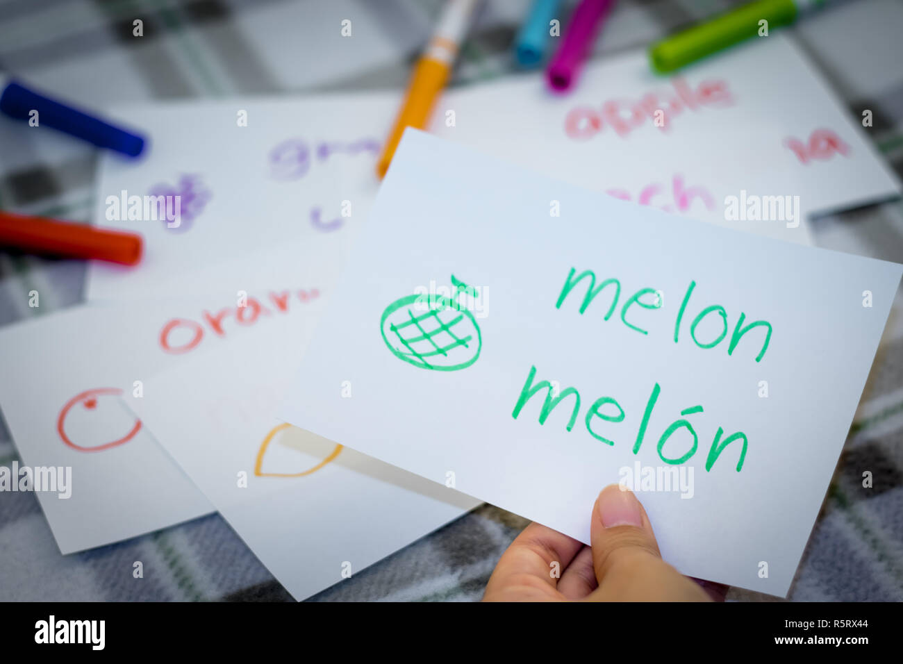 Spanish Learning New Language with Fruits Name Flash Cards Stock Photo ...