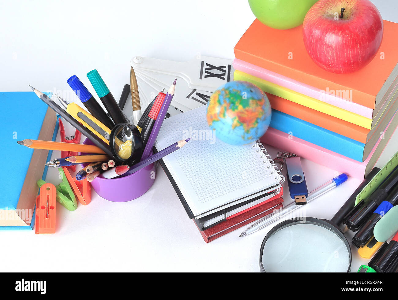 variety of colorful school supplies on a white background Stock Photo ...