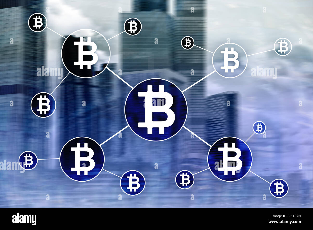 Bitcoin cryptocurrency and blockchain technology concept on blurred ...