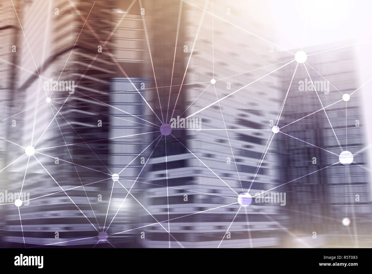 Blockchain network on blurred skyscrapers background. Financial ...