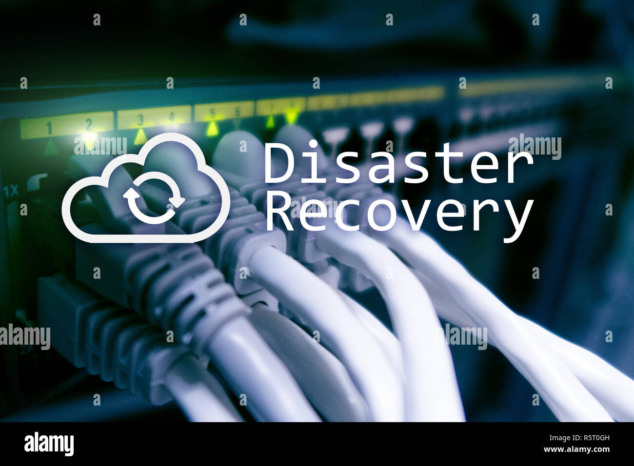DIsaster recovery. Data loss prevention. Server room on background ...