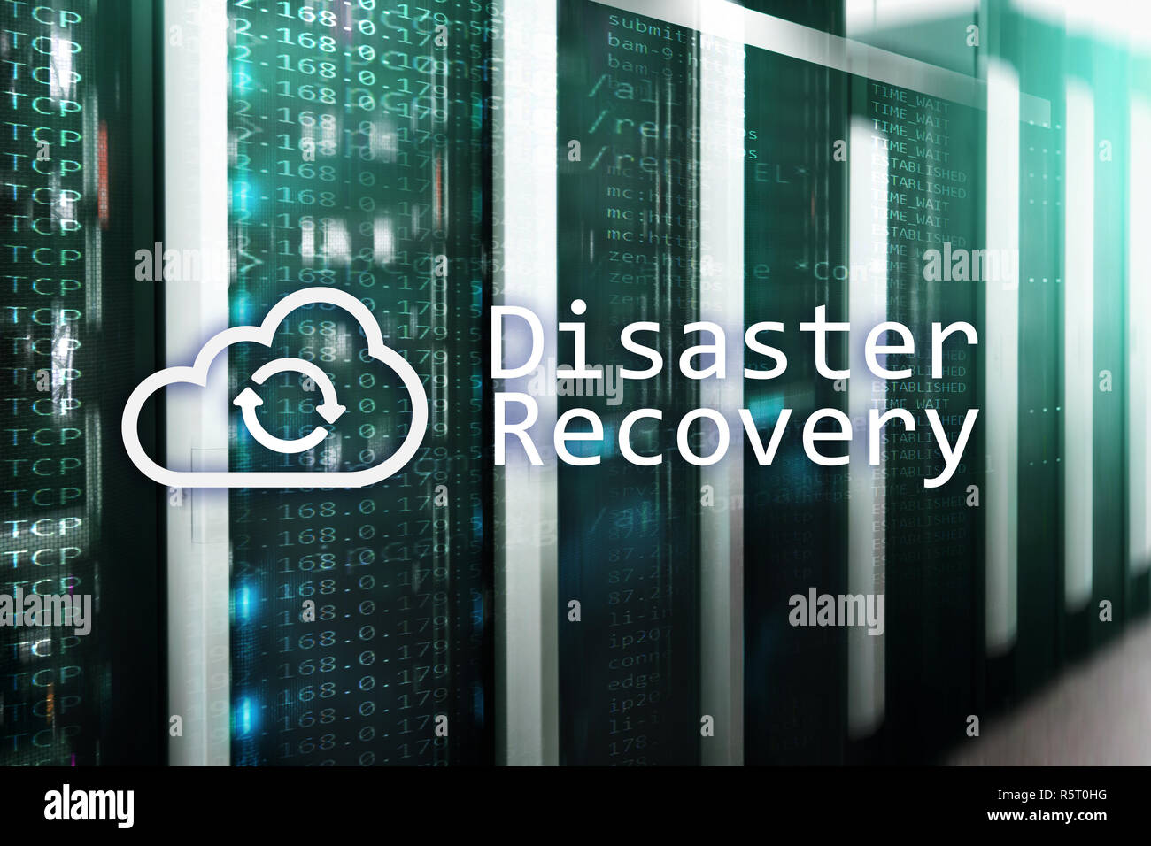 DIsaster recovery. Data loss prevention. Server room on background ...