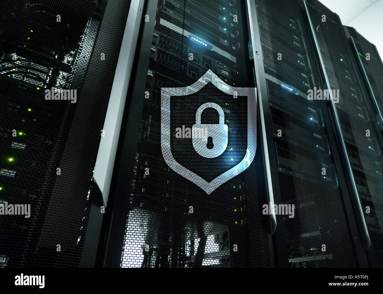 Cyber protection shield icon on server room background. Information ...