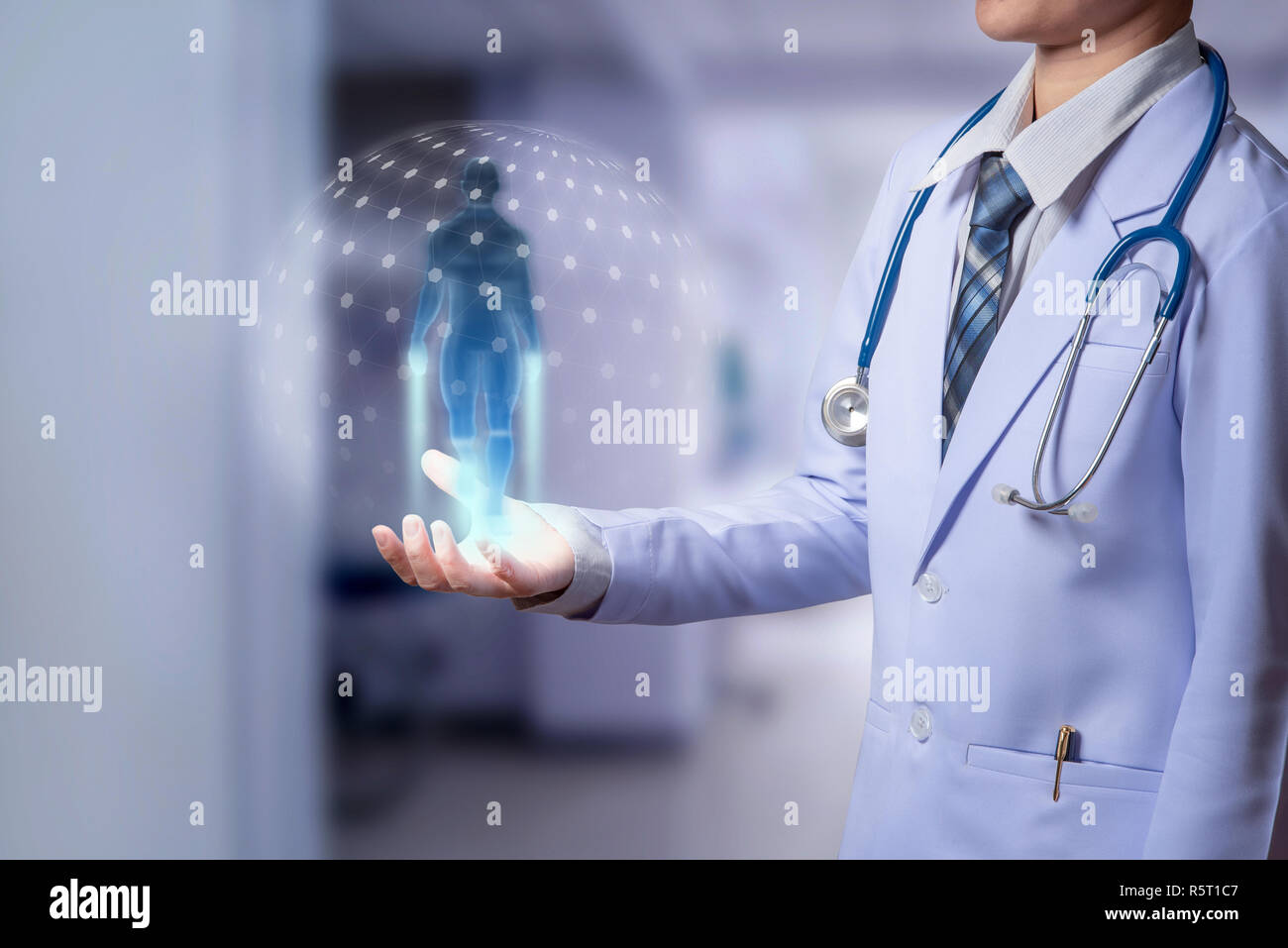 woman doctor holding human model model hologram, futuristic medical ...