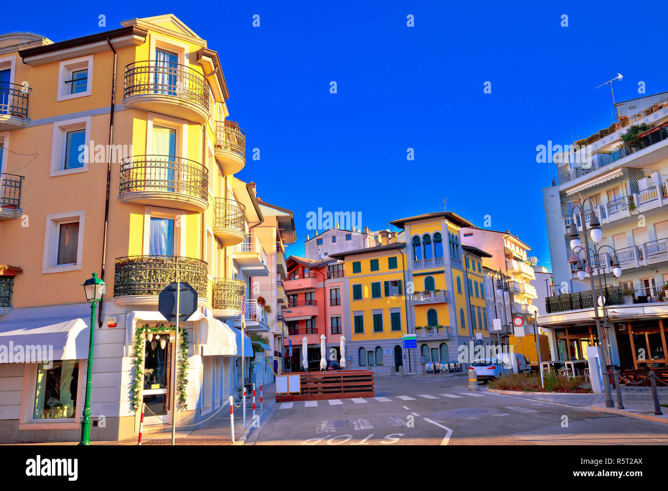 Town of Grado tourist promenade street colorful architecture view Stock ...