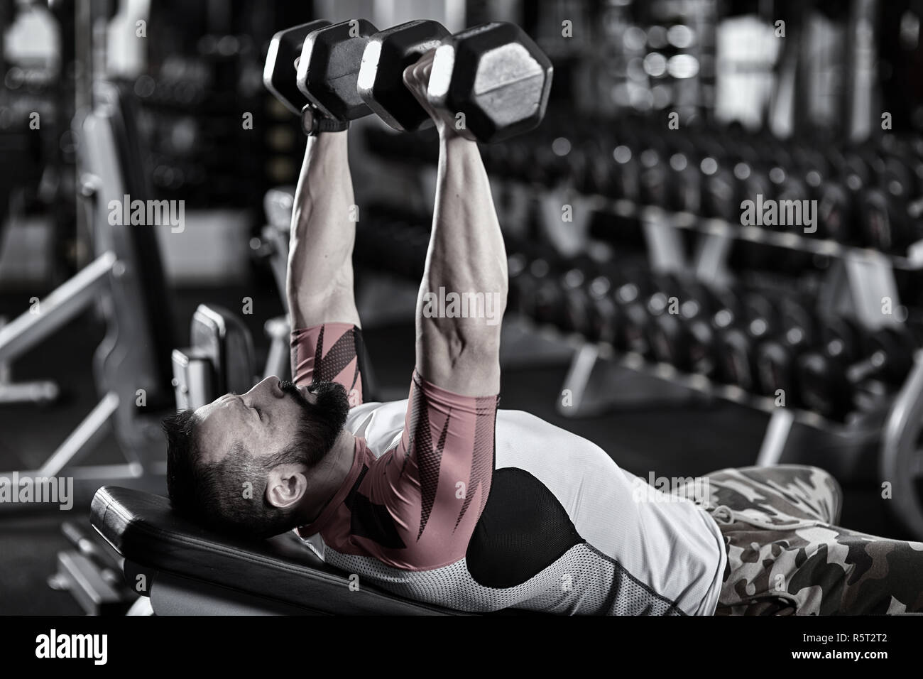 Man doing chest workout at inclined bench with dumbbells Stock Photo ...