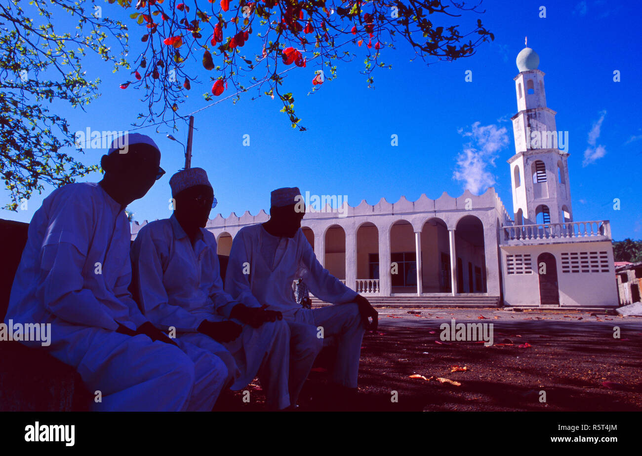 Grande Comores: Three muslim men sitting in front of the mosque in ...