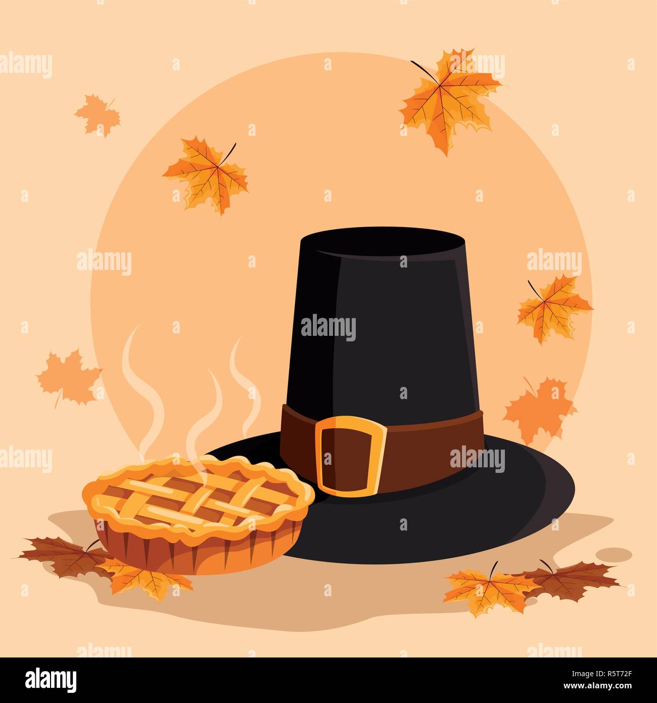 apple pie and pilgrim hat icon over orange background, vector ...