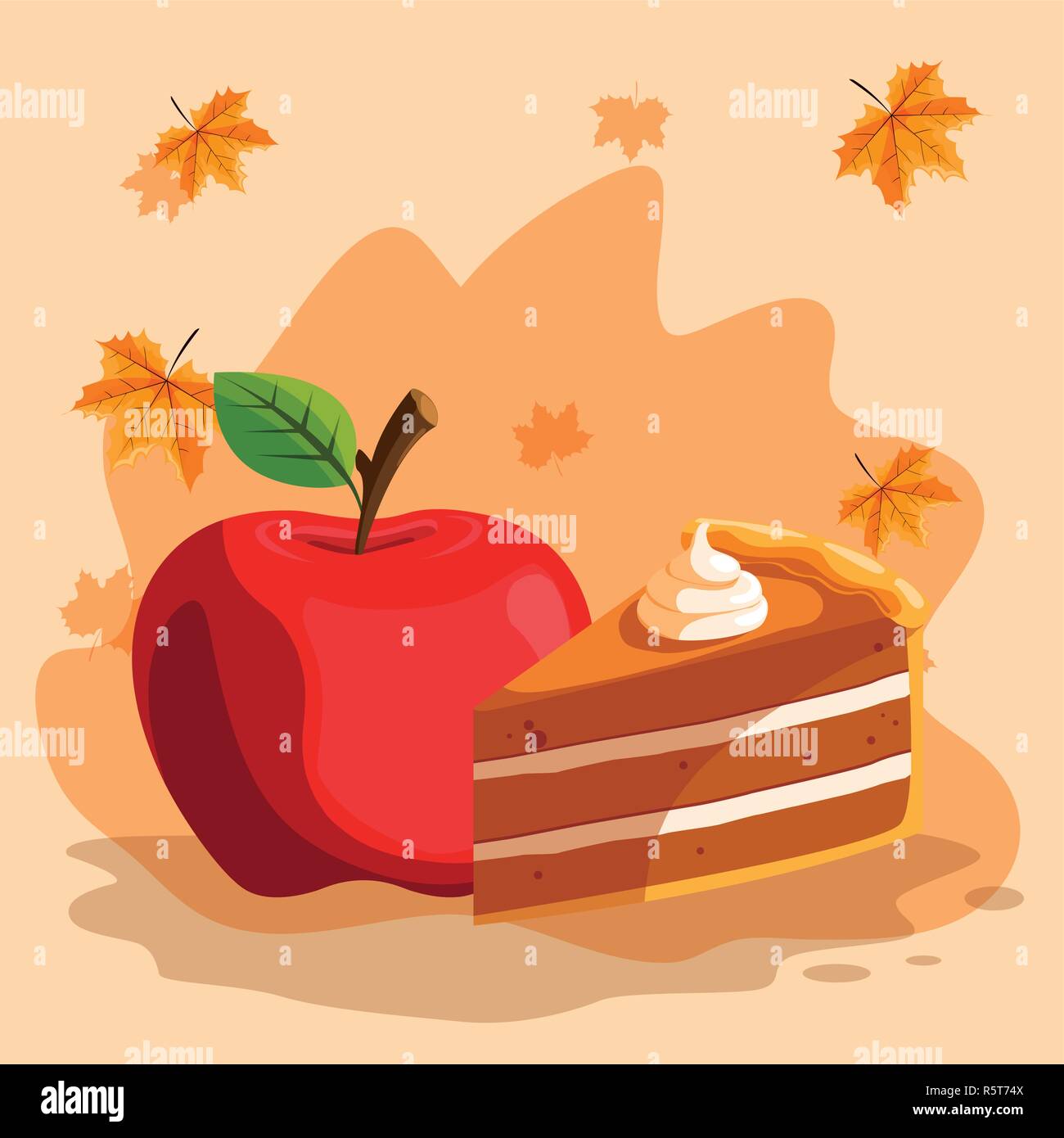 apple and piece of cake over orange background, vector illustration ...
