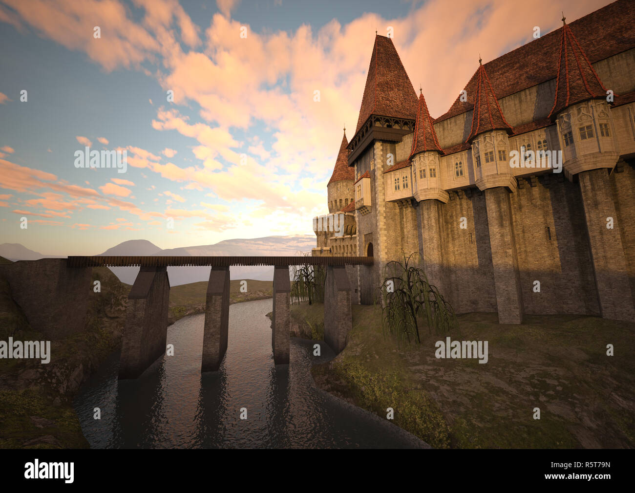 3D rendering of a medieval castle on a sunset sky background Stock ...