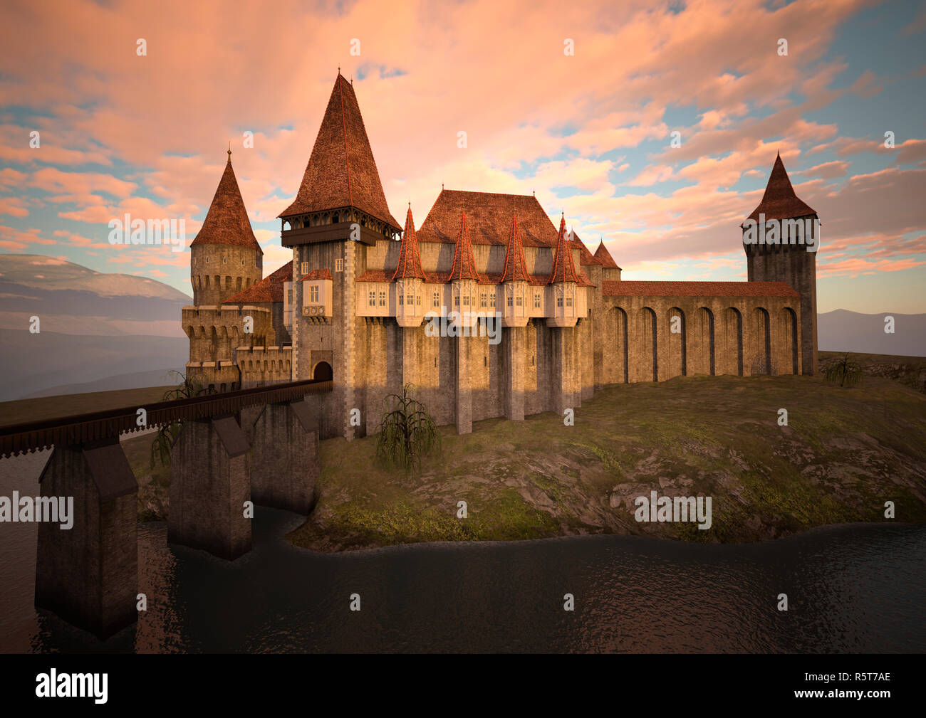3D rendering of a medieval castle on a sunset sky background Stock ...
