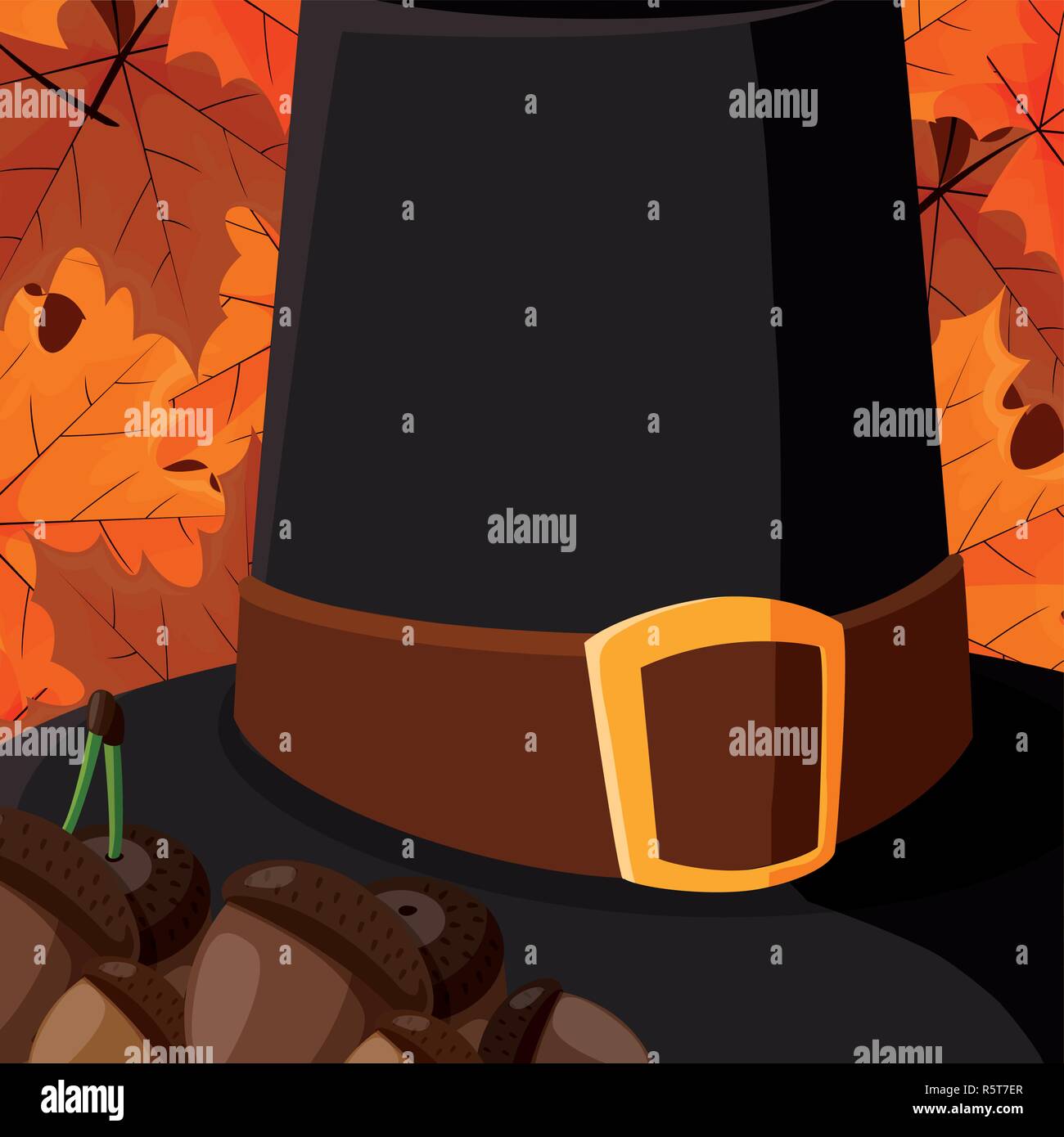 pilgrim hat and acorns over orange background, vector illustration ...