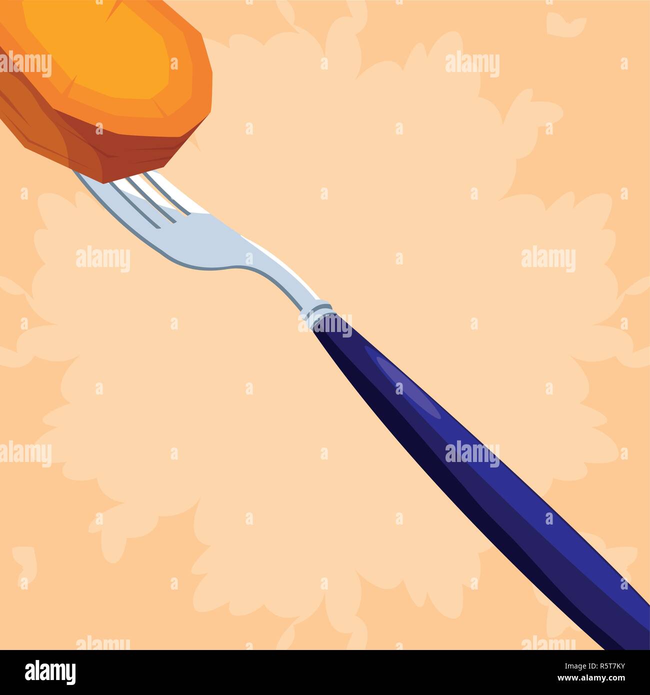 fork with sweet potatoes slice over orange background, vector ...