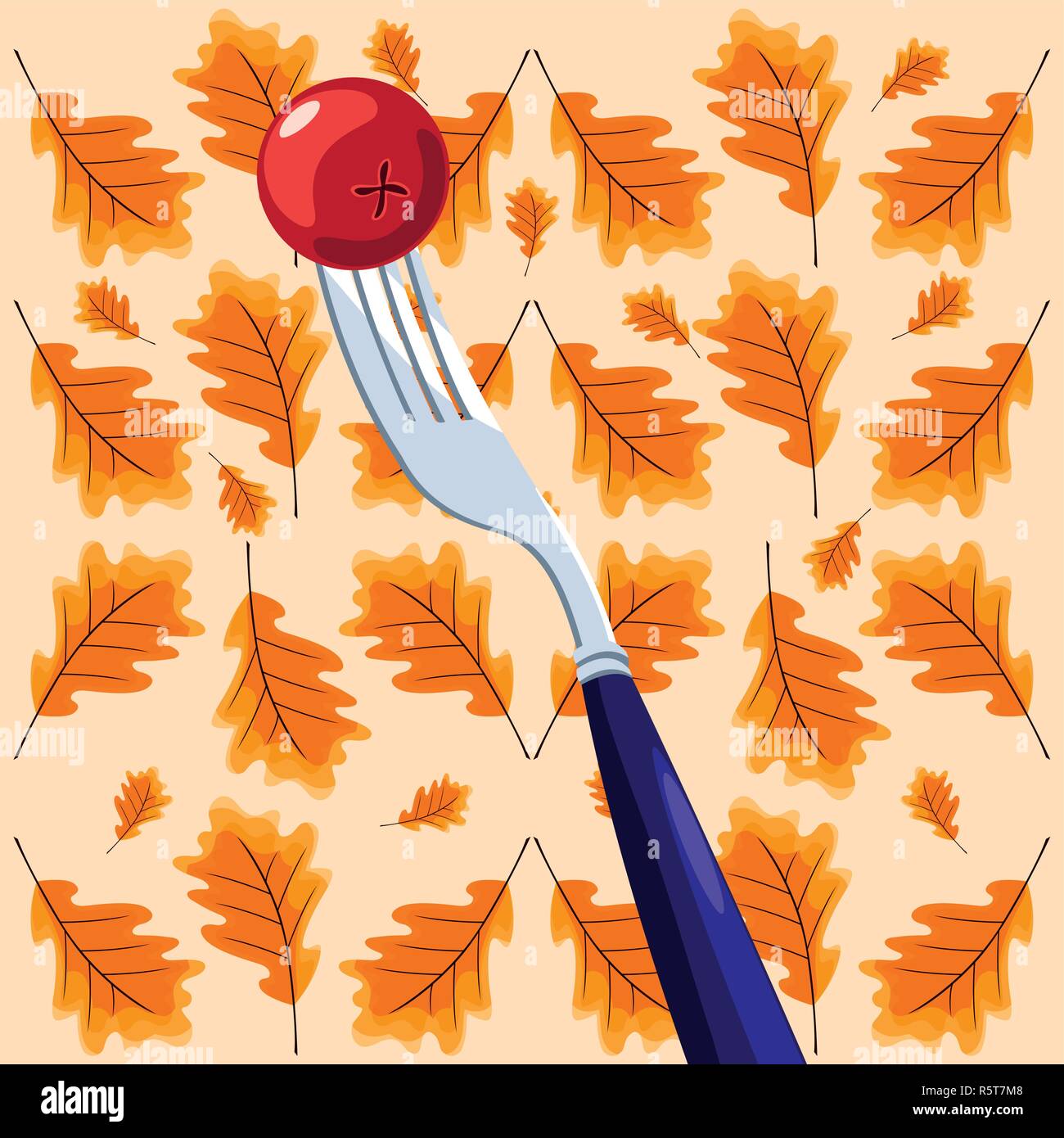 fork with cherry and dry leaves around over orange background, vector ...