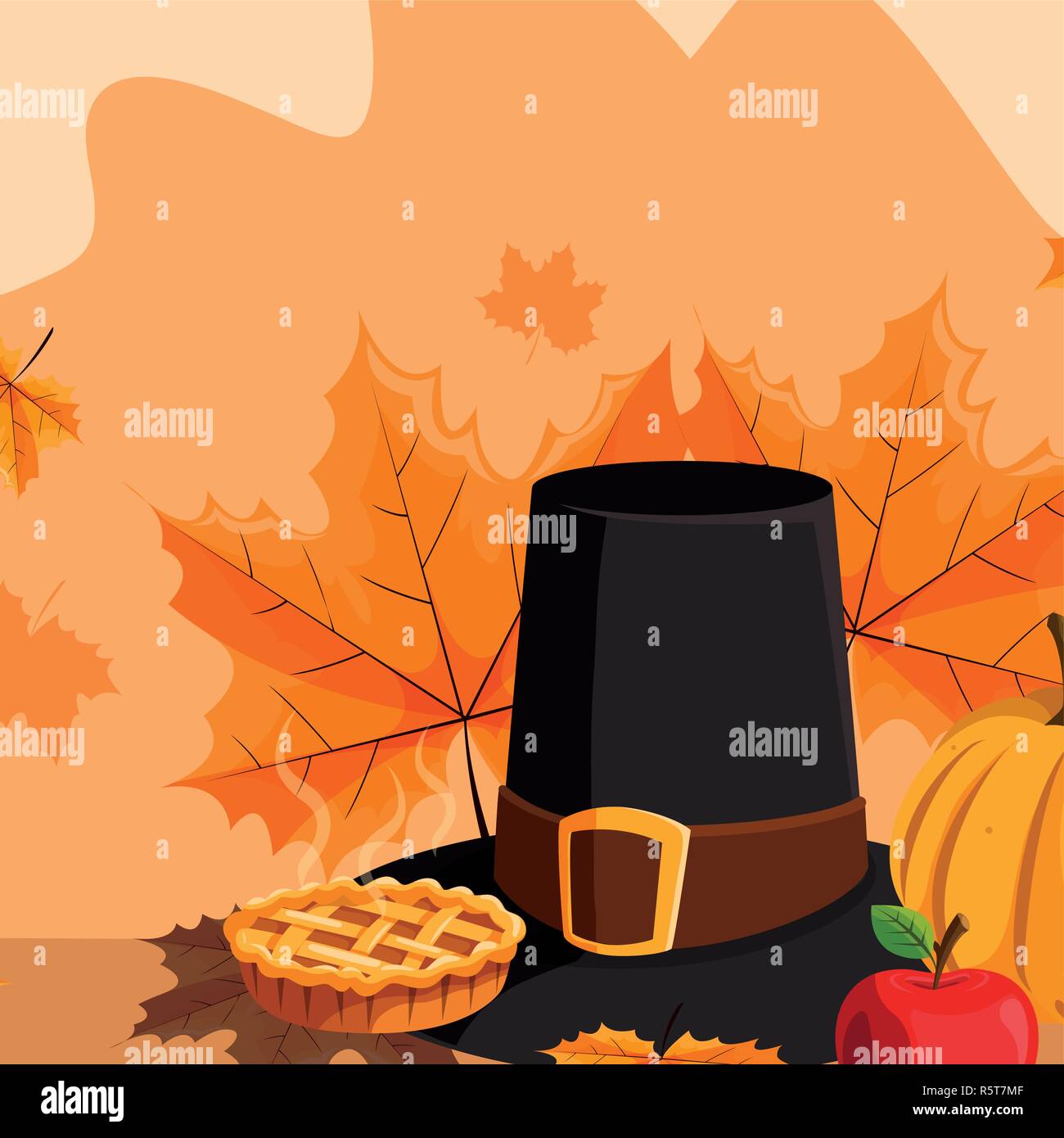 food with apple pie and pilgrim hat icon over orange background, vector ...