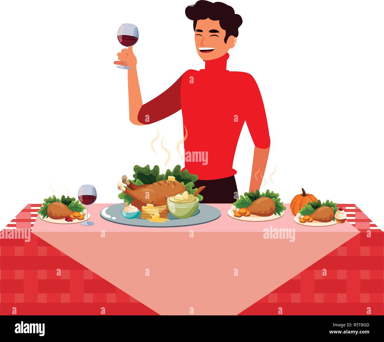 Thanksgiving dinner design with cartoon man next to a table with ...