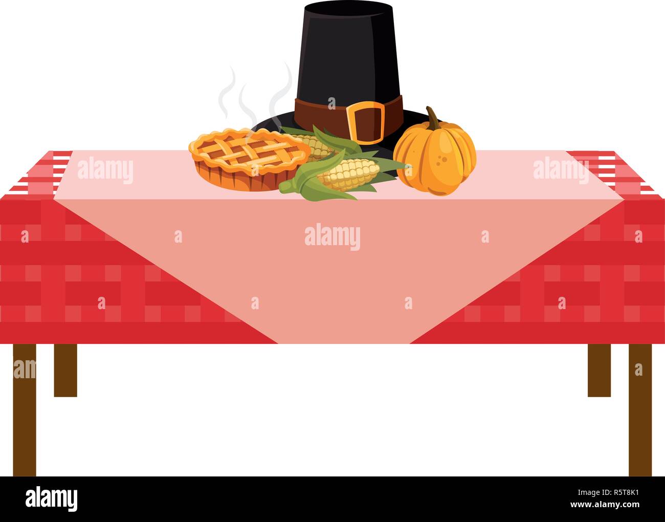 Pilgrim hat on Thanksgiving table with apple pie and corn over white ...