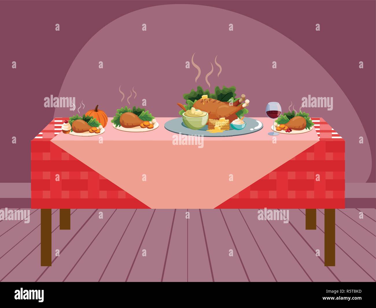 Thanksgiving table with roasted turkey and food plates over red ...