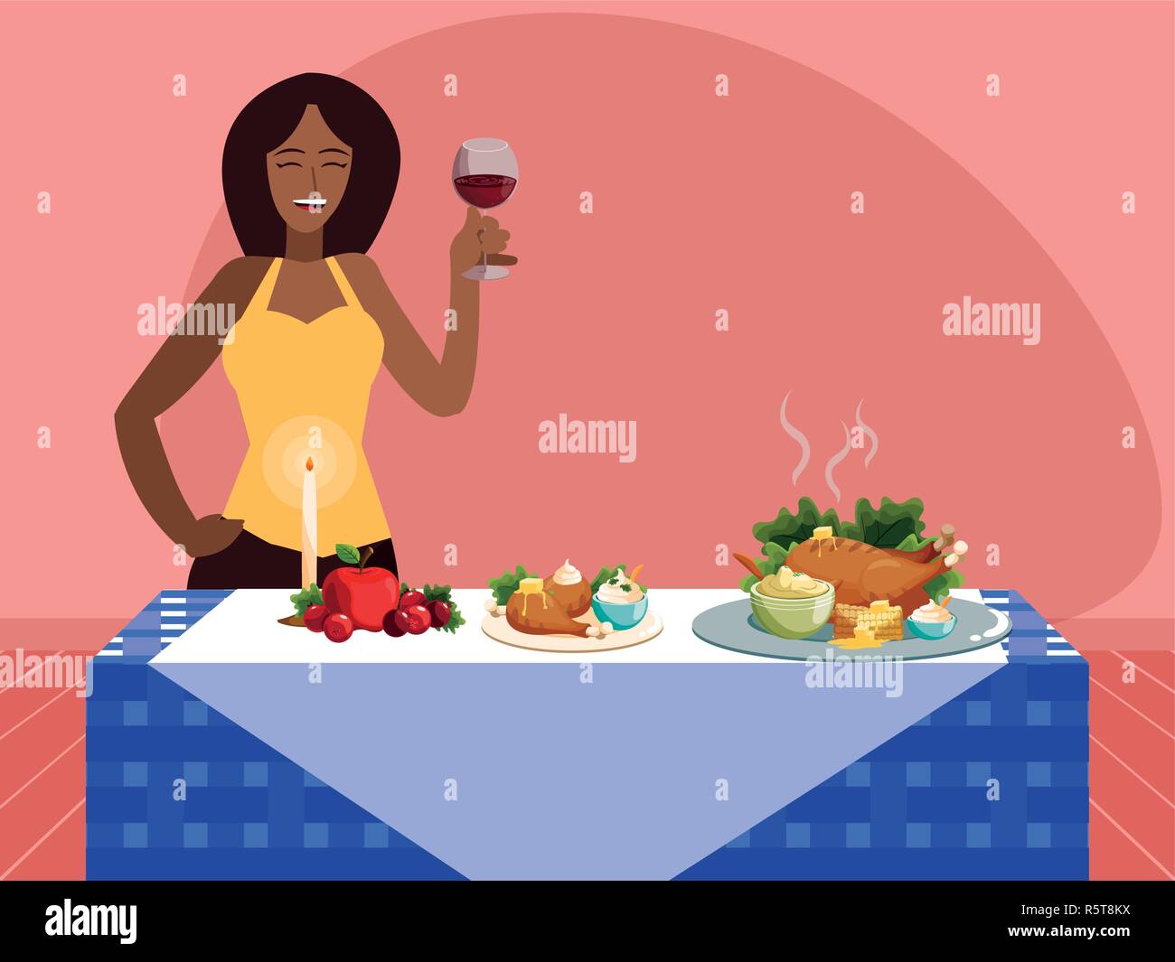 Thanksgiving dinner design with cartoon woman next to a table with ...