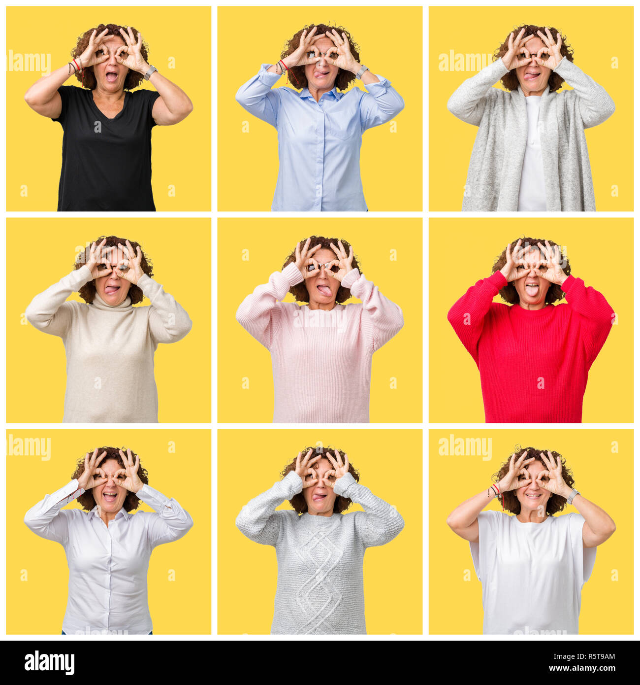 Collage of middle age senior woman over yellow isolated background ...