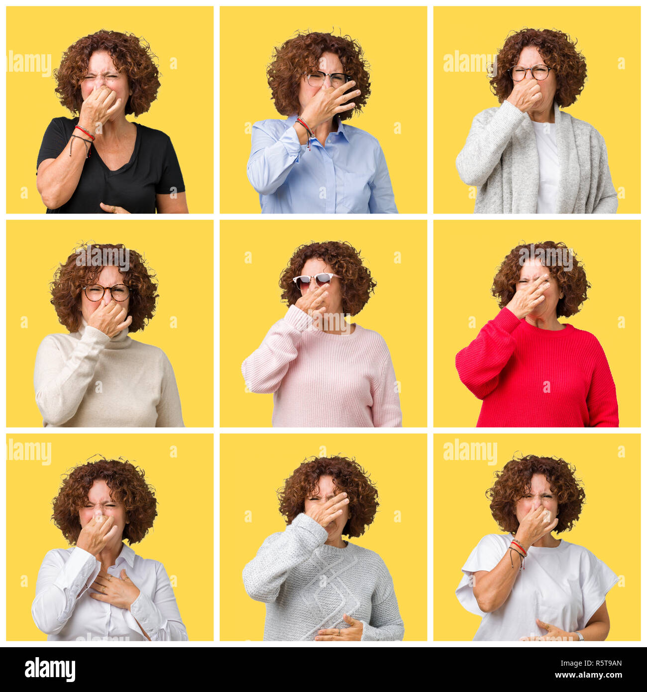 Collage of middle age senior woman over yellow isolated background ...