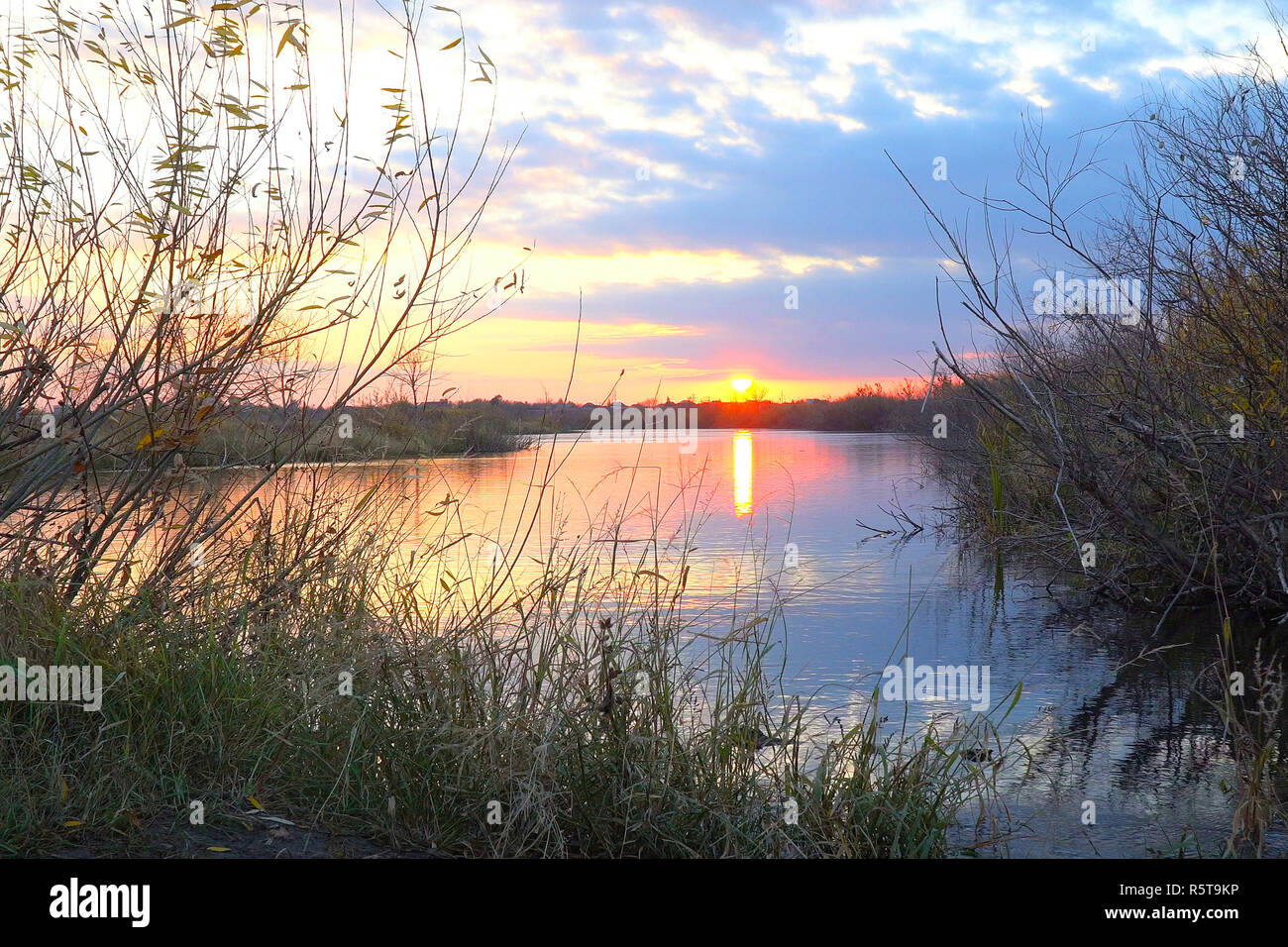 Sunset on a small lake in autumn evening Stock Photo - Alamy
