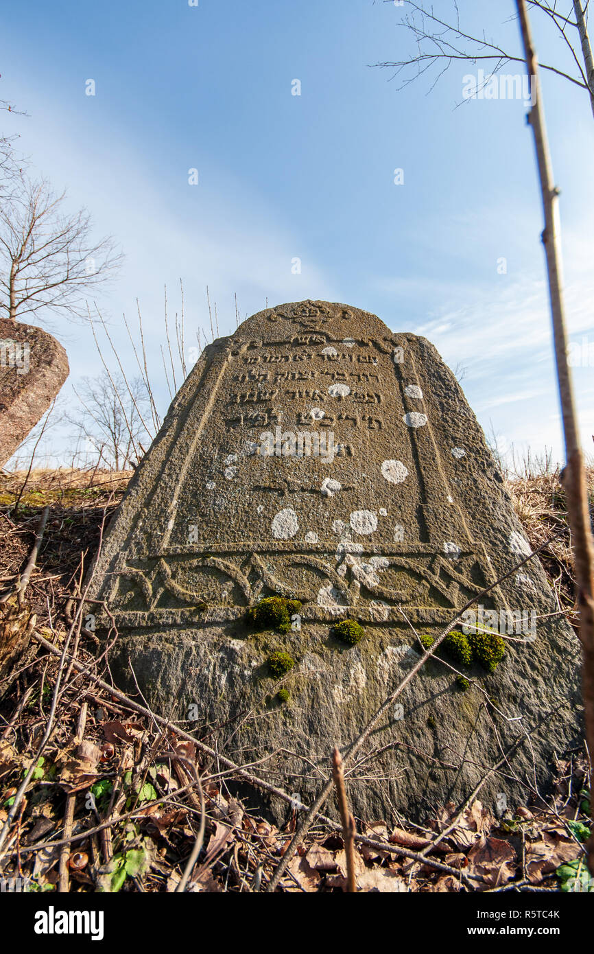 old thombstone in cemetery in autumn with dry leaves on the ground ...