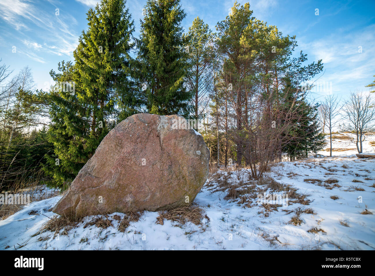 large granite rock single in nature environment isolated from other ...