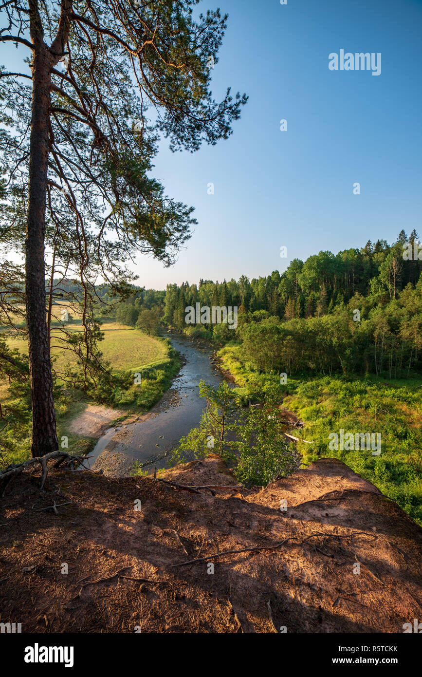 water stream in river of Amata in Latvia with sandstone cliffs, green ...