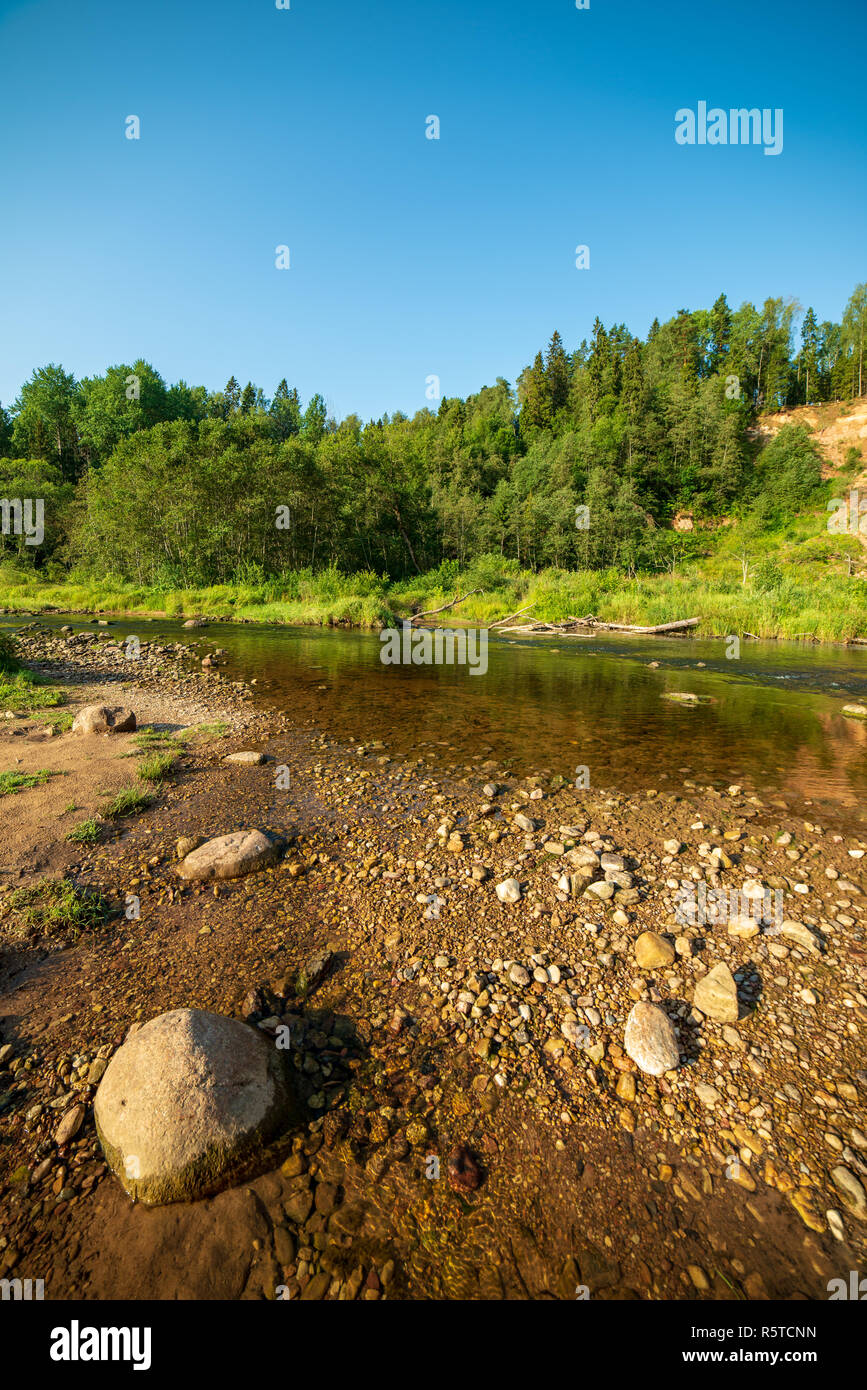 water stream in river of Amata in Latvia with sandstone cliffs, green ...