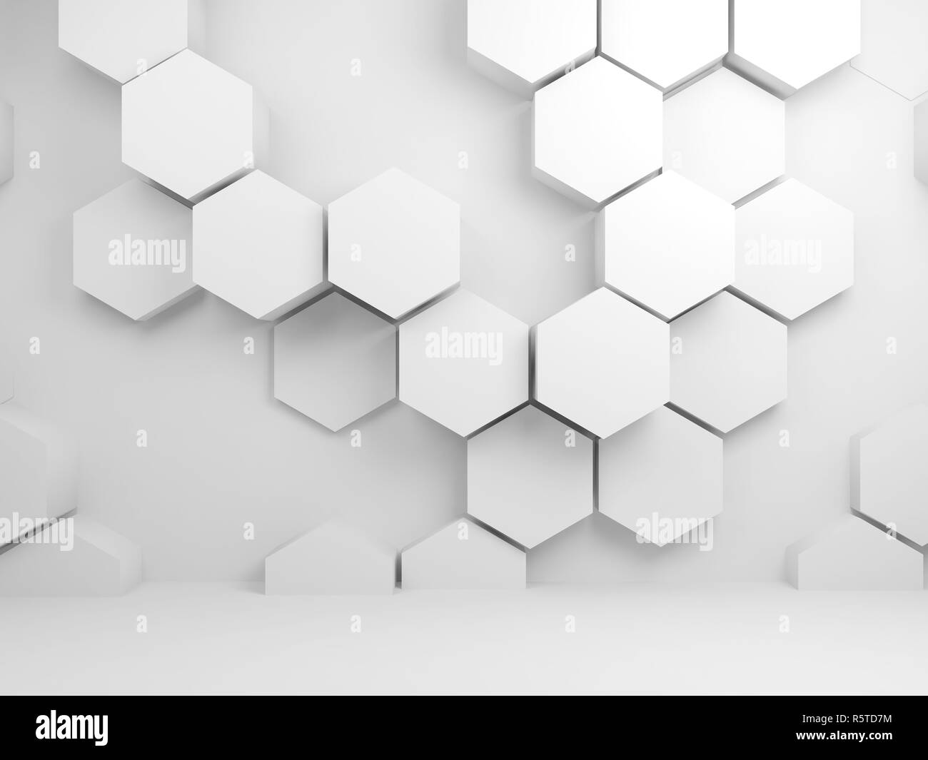 Abstract white interior with hexagon pattern on front wall, 3d render ...