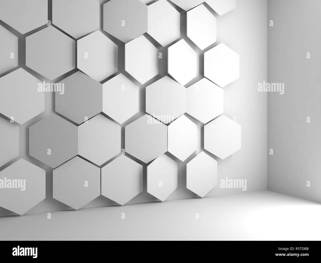 Abstract white interior background with hexagons pattern on the wall ...