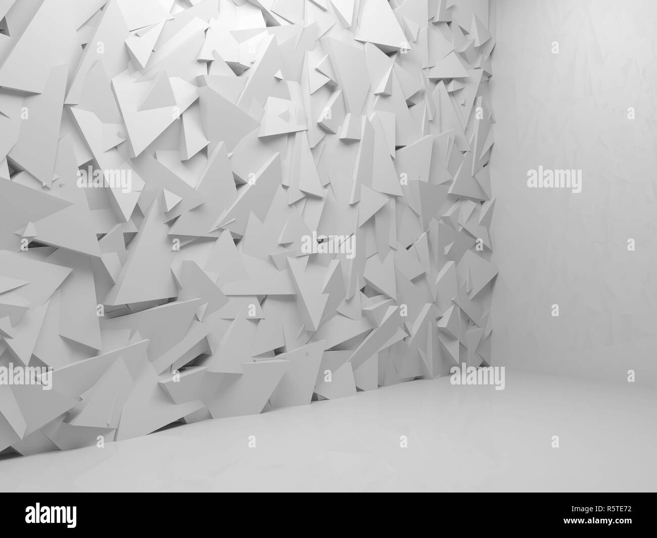Abstract white interior with random triangles installation on wall, 3d ...
