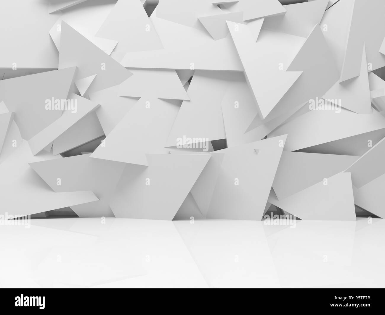 Abstract white interior with triangles installation on wall, 3d render ...